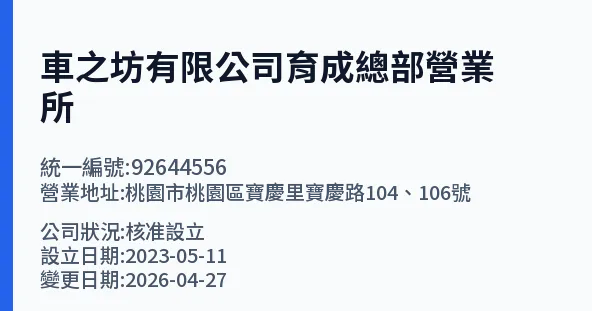 車之坊有限公司育成總部營業所的照片-統編 92644556(桃園市) 公司登記資料與營業項目詳細圖表