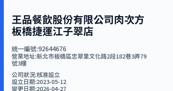 王品餐飲股份有限公司肉次方板橋捷運江子翠店的照片-統編 92644676(新北市) 公司登記資料與營業項目詳細圖表