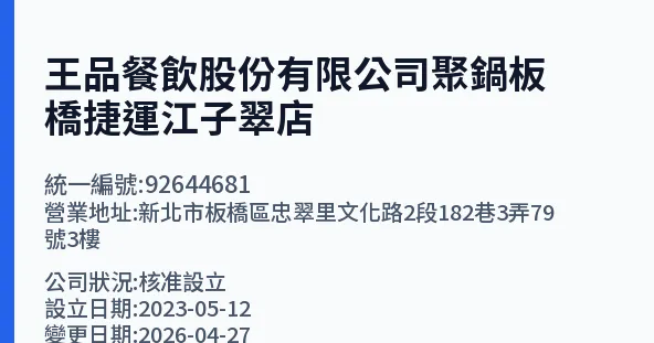 王品餐飲股份有限公司聚鍋板橋捷運江子翠店的照片-統編 92644681(新北市) 公司登記資料與營業項目詳細圖表