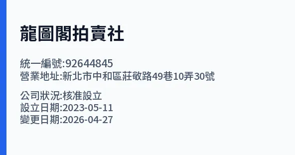 龍圖閣拍賣社的照片-統編 92644845(新北市) 公司登記資料與營業項目詳細圖表