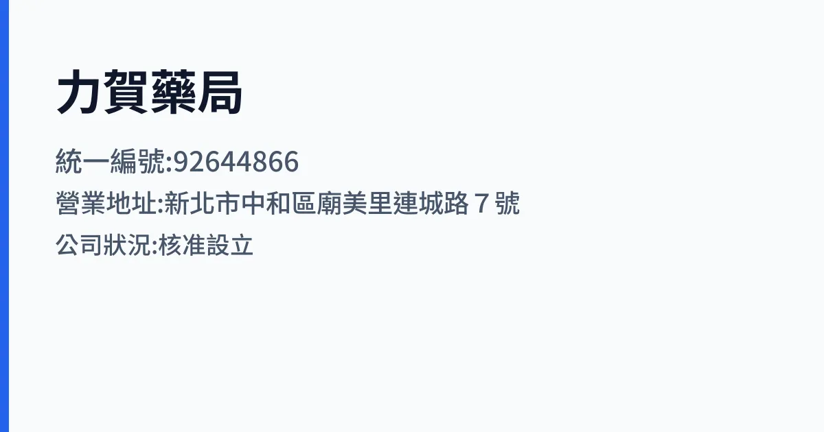 力賀藥局 - 統編 92644866(新北市) 公司登記資料與營業項目詳細圖表