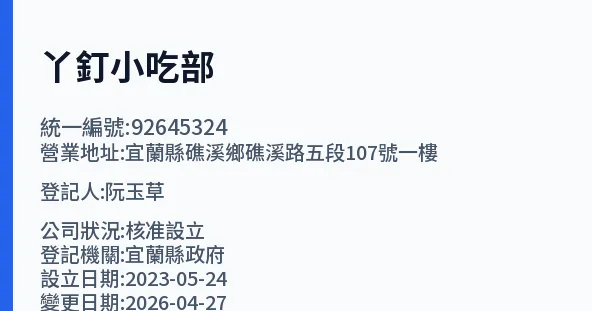 丫釘小吃部的照片-統編 92645324(宜蘭縣) 公司登記資料與營業項目詳細圖表