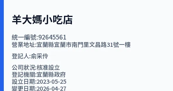 羊大媽小吃店的照片-統編 92645561(宜蘭縣) 公司登記資料與營業項目詳細圖表