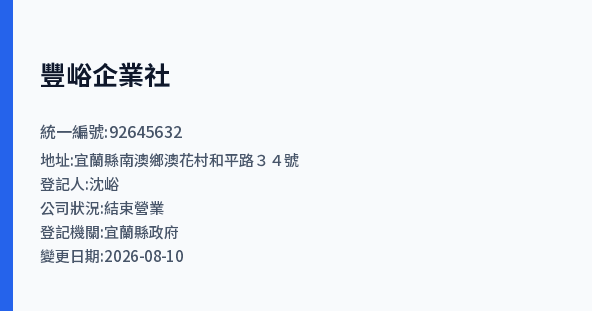 豐峪企業社的照片-統編 92645632(宜蘭縣) 公司登記資料與營業項目詳細圖表