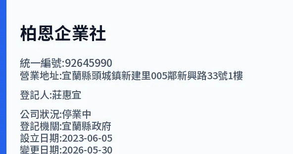 柏恩企業社的照片-統編 92645990(宜蘭縣) 公司登記資料與營業項目詳細圖表