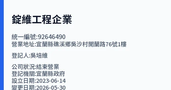 錠維工程企業的照片-統編 92646490(宜蘭縣) 公司登記資料與營業項目詳細圖表