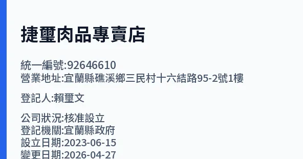 捷璽肉品專賣店的照片-統編 92646610(宜蘭縣) 公司登記資料與營業項目詳細圖表