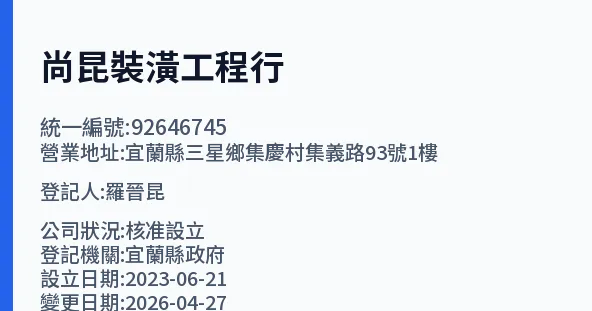 尚昆裝潢工程行的照片-統編 92646745(宜蘭縣) 公司登記資料與營業項目詳細圖表