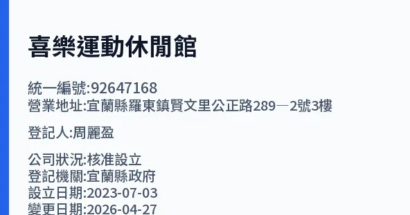 喜樂運動休閒館的照片-統編 92647168(宜蘭縣) 公司登記資料與營業項目詳細圖表