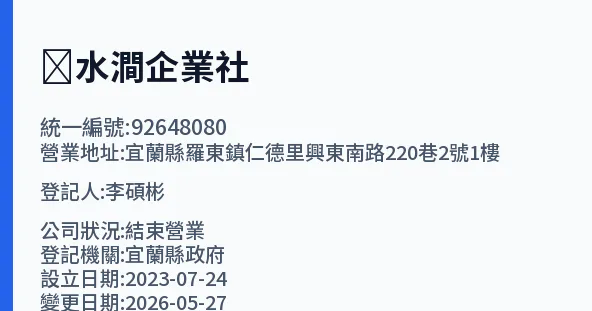 叄水澗企業社的照片-統編 92648080(宜蘭縣) 公司登記資料與營業項目詳細圖表