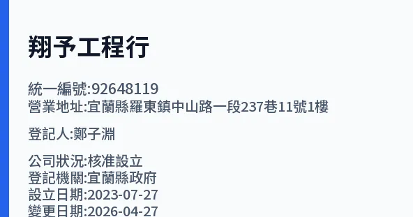 翔予工程行的照片-統編 92648119(宜蘭縣) 公司登記資料與營業項目詳細圖表