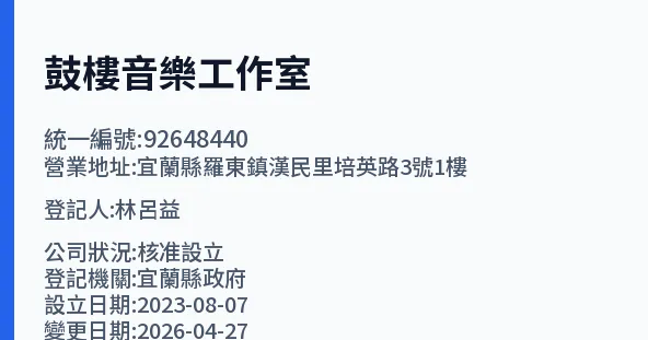 鼓樓音樂工作室的照片-統編 92648440(宜蘭縣) 公司登記資料與營業項目詳細圖表