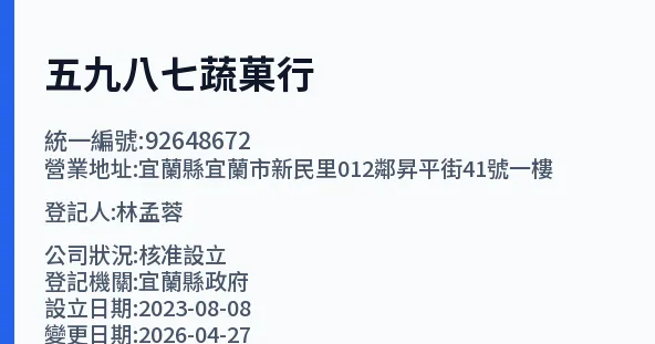 五九八七蔬菓行的照片-統編 92648672(宜蘭縣) 公司登記資料與營業項目詳細圖表