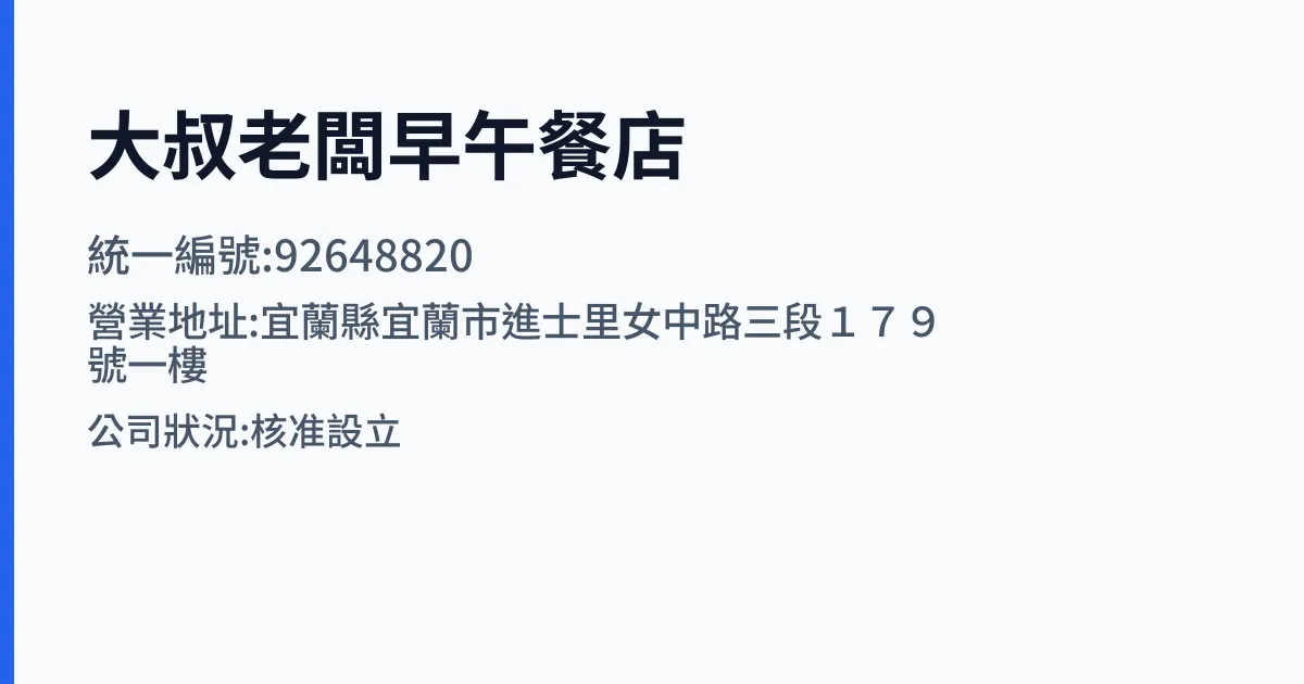 大叔老闆早午餐店 - 統編 92648820(宜蘭縣) 公司登記資料與營業項目詳細圖表