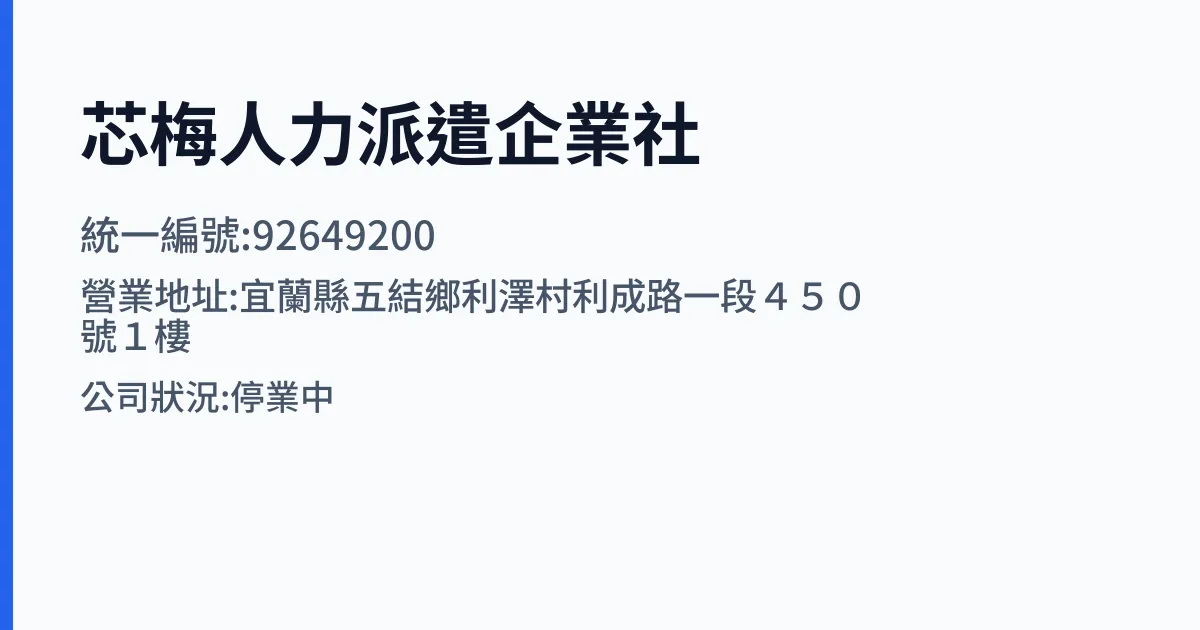 芯梅人力派遣企業社 - 統編 92649200(宜蘭縣) 公司登記資料與營業項目詳細圖表