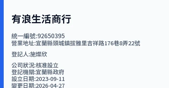 有浪生活商行的照片-統編 92650395(宜蘭縣) 公司登記資料與營業項目詳細圖表