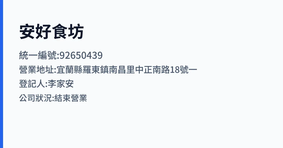 安好食坊 - 統編 92650439(宜蘭縣) 公司登記資料與營業項目詳細圖表