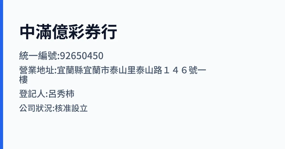 中滿億彩券行 - 統編 92650450(宜蘭縣) 公司登記資料與營業項目詳細圖表