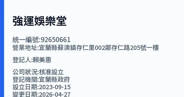 強運娛樂堂的照片-統編 92650661(宜蘭縣) 公司登記資料與營業項目詳細圖表
