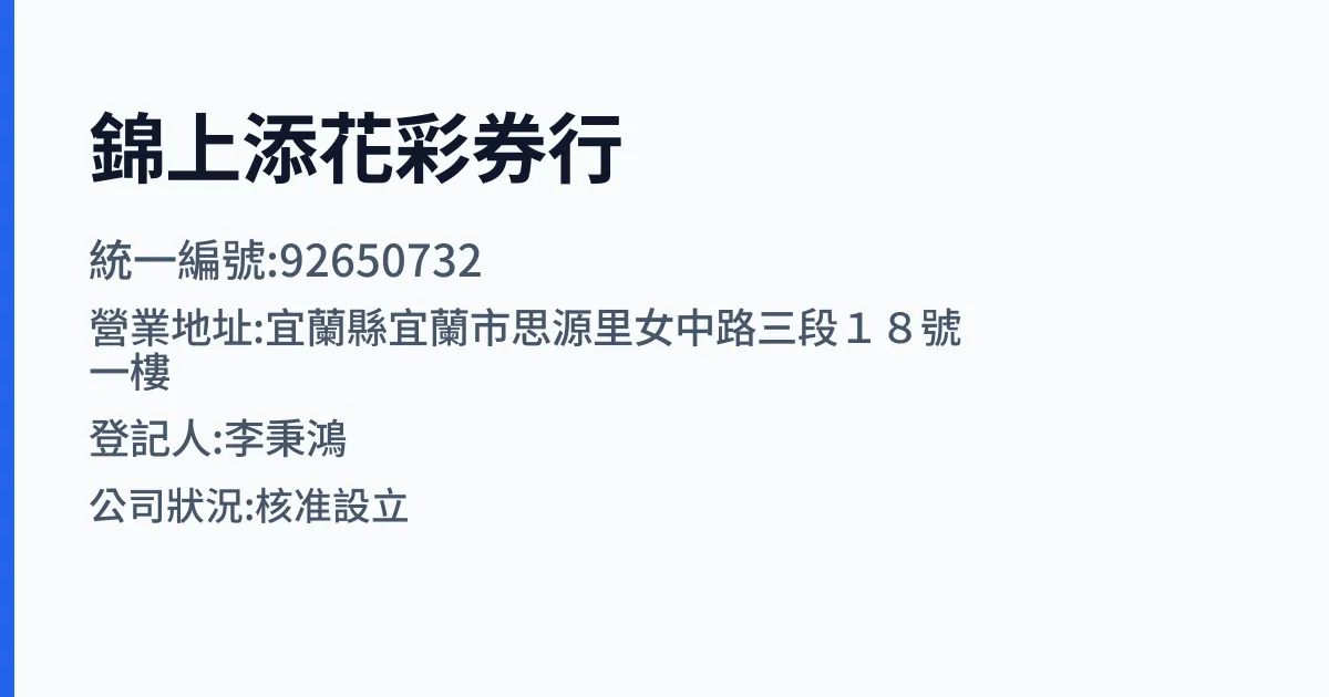 錦上添花彩券行 - 統編 92650732(宜蘭縣) 公司登記資料與營業項目詳細圖表