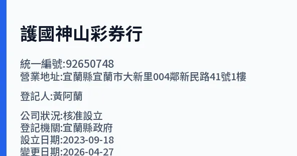 護國神山彩券行的照片-統編 92650748(宜蘭縣) 公司登記資料與營業項目詳細圖表