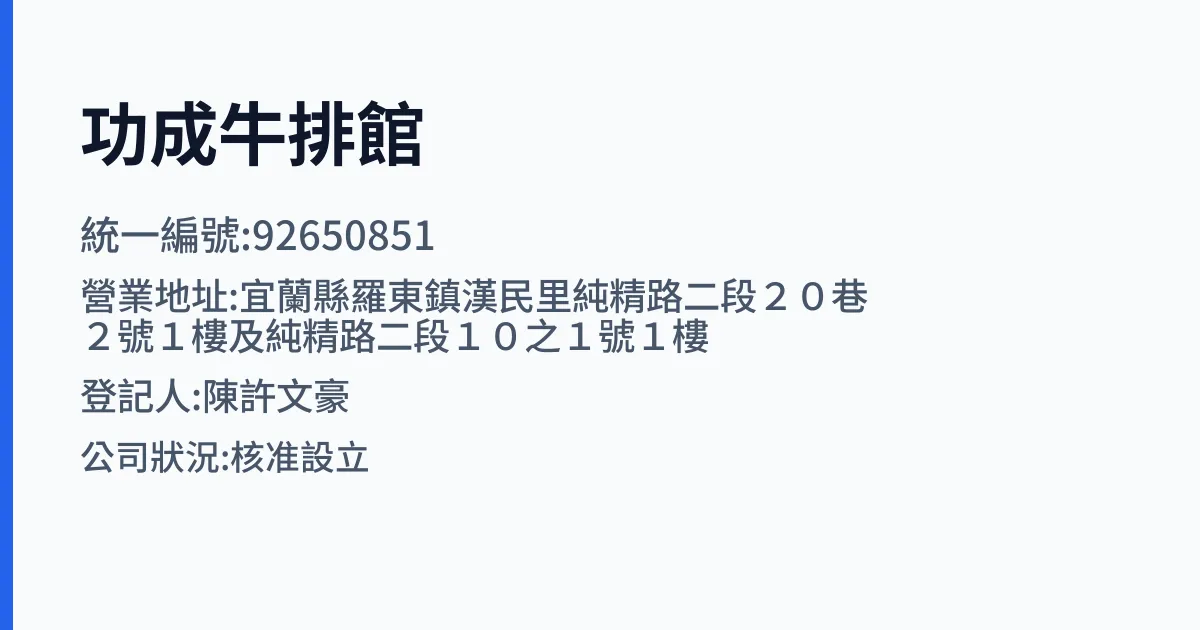 功成牛排館 - 統編 92650851(宜蘭縣) 公司登記資料與營業項目詳細圖表