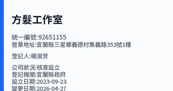 方髮工作室的照片-統編 92651155(宜蘭縣) 公司登記資料與營業項目詳細圖表