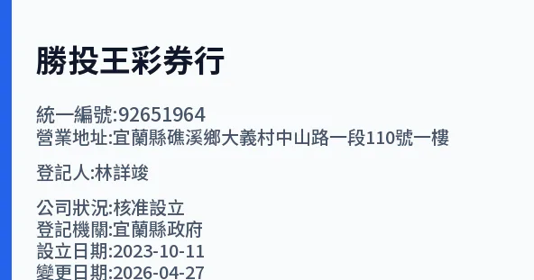 勝投王彩券行的照片-統編 92651964(宜蘭縣) 公司登記資料與營業項目詳細圖表