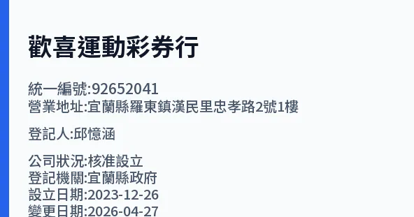 歡喜運動彩券行的照片-統編 92652041(宜蘭縣) 公司登記資料與營業項目詳細圖表