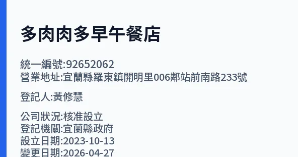 多肉肉多早午餐店的照片-統編 92652062(宜蘭縣) 公司登記資料與營業項目詳細圖表