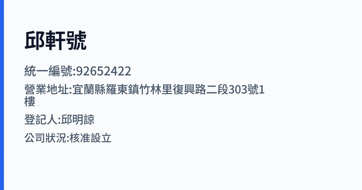 邱軒號 - 統編 92652422(宜蘭縣) 公司登記資料與營業項目詳細圖表