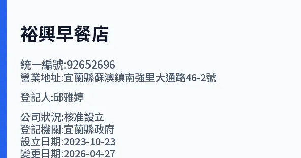裕興早餐店的照片-統編 92652696(宜蘭縣) 公司登記資料與營業項目詳細圖表