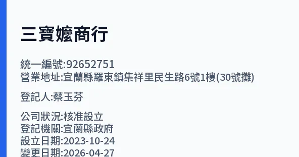 三寶嬤商行的照片-統編 92652751(宜蘭縣) 公司登記資料與營業項目詳細圖表