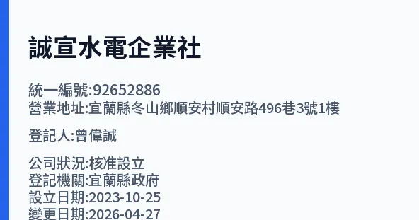 誠宣水電企業社的照片-統編 92652886(宜蘭縣) 公司登記資料與營業項目詳細圖表