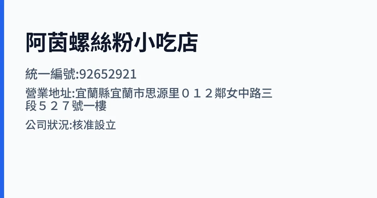 阿茵螺絲粉小吃店 - 統編 92652921(宜蘭縣) 公司登記資料與營業項目詳細圖表