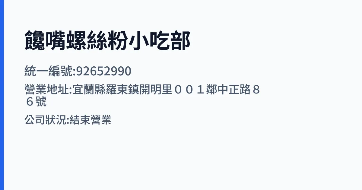 饞嘴螺絲粉小吃部 - 統編 92652990(宜蘭縣) 公司登記資料與營業項目詳細圖表