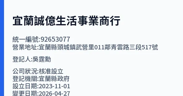 宜蘭誠億生活事業商行的照片-統編 92653077(宜蘭縣) 公司登記資料與營業項目詳細圖表