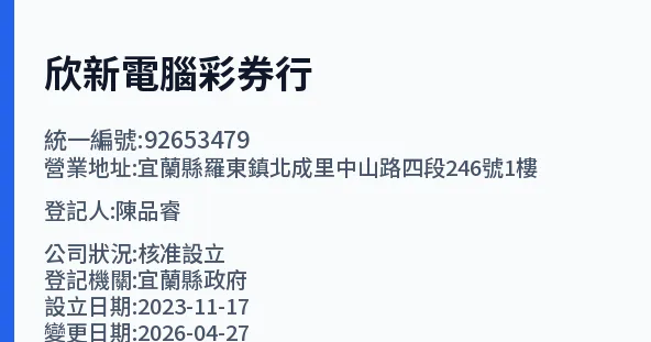 欣新電腦彩券行的照片-統編 92653479(宜蘭縣) 公司登記資料與營業項目詳細圖表