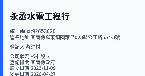 永丞水電工程行的照片-統編 92653626(宜蘭縣) 公司登記資料與營業項目詳細圖表