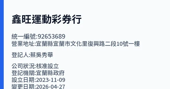 鑫旺運動彩券行的照片-統編 92653689(宜蘭縣) 公司登記資料與營業項目詳細圖表