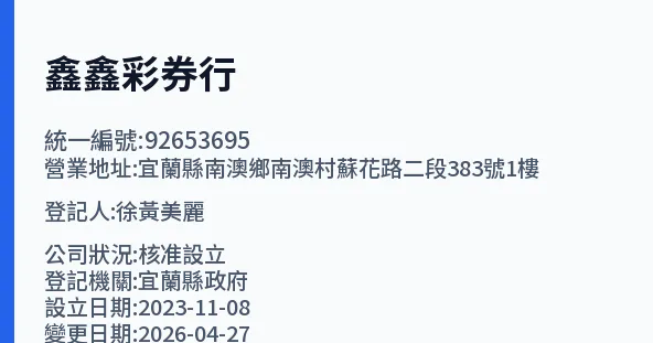 鑫鑫彩券行的照片-統編 92653695(宜蘭縣) 公司登記資料與營業項目詳細圖表