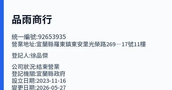 品雨商行的照片-統編 92653935(宜蘭縣) 公司登記資料與營業項目詳細圖表