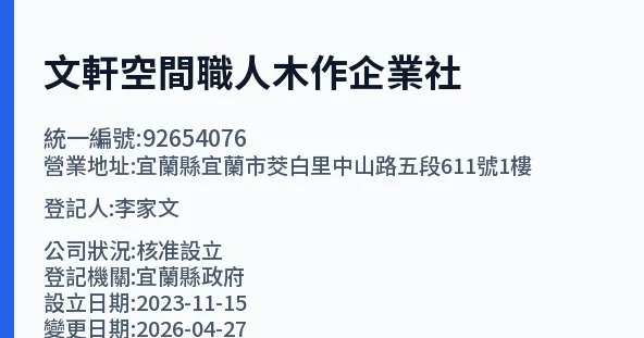 文軒空間職人木作企業社的照片-統編 92654076(宜蘭縣) 公司登記資料與營業項目詳細圖表