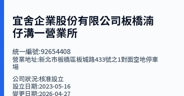 宜舍企業股份有限公司板橋湳仔溝一營業所的照片-統編 92654408(新北市) 公司登記資料與營業項目詳細圖表