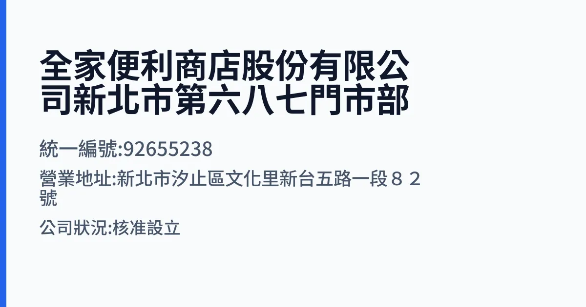 全家便利商店股份有限公司新北市第六八七門市部 - 統編 92655238(新北市) 公司登記資料與營業項目詳細圖表