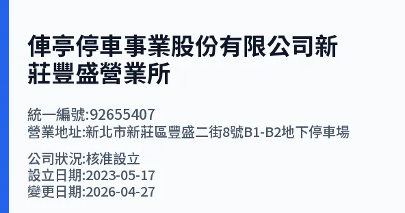 俥亭停車事業股份有限公司新莊豐盛營業所的照片-統編 92655407(新北市) 公司登記資料與營業項目詳細圖表