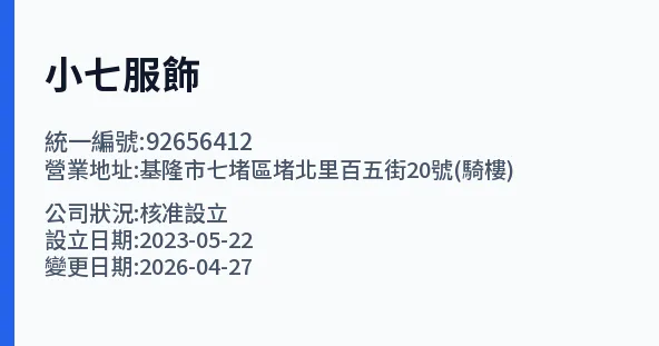 小七服飾的照片-統編 92656412(基隆市) 公司登記資料與營業項目詳細圖表