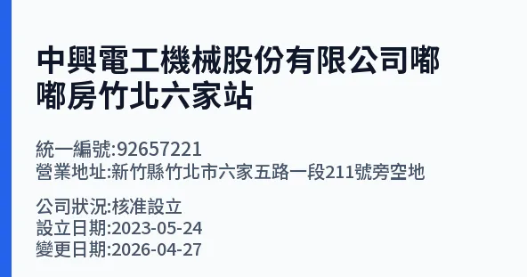 中興電工機械股份有限公司嘟嘟房竹北六家站的照片-統編 92657221(新竹縣) 公司登記資料與營業項目詳細圖表