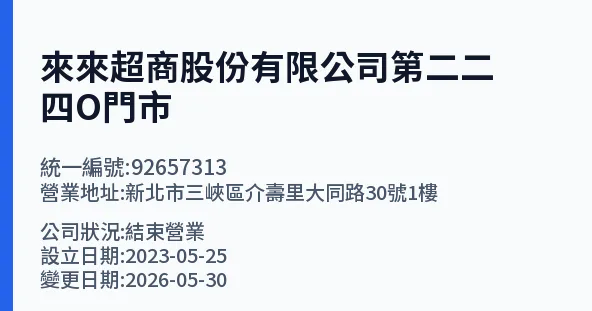 來來超商股份有限公司第二二四O門市的照片-統編 92657313(新北市) 公司登記資料與營業項目詳細圖表