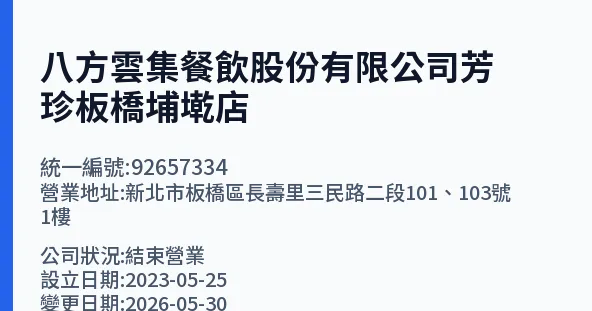 八方雲集餐飲股份有限公司芳珍板橋埔墘店的照片-統編 92657334(新北市) 公司登記資料與營業項目詳細圖表